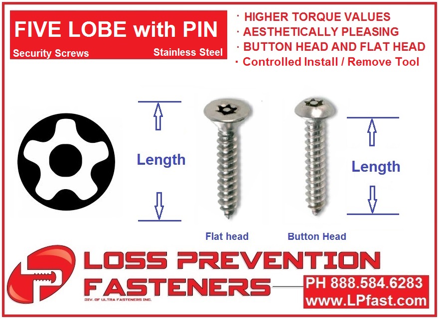 Ultra 5 Lobe® Pin Security Screws - Loss Prevention Fasteners