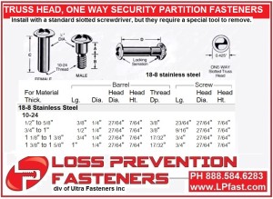 One-Way® Partition Screws - Loss Prevention One Way Partition Bolts